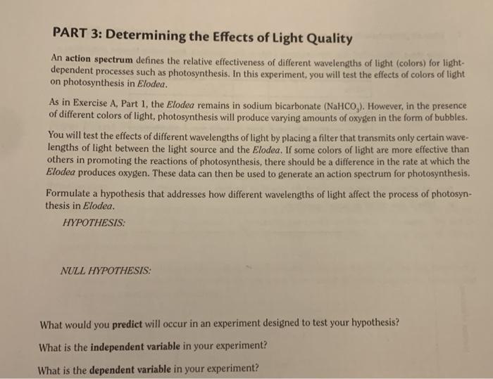 Solved PART 3: Determining the Effects of Light Quality An | Chegg.com