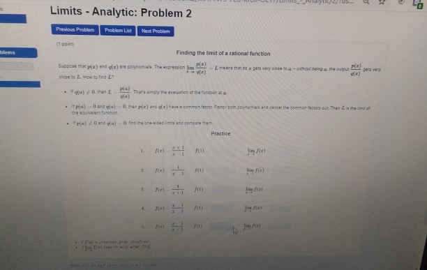 Solved Limits - Analytic: Problem 2 Previous Problem Problem | Chegg.com