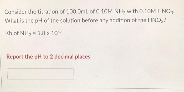 Solved Consider the titration of 100.0mL of 0.10M NH3 with | Chegg.com