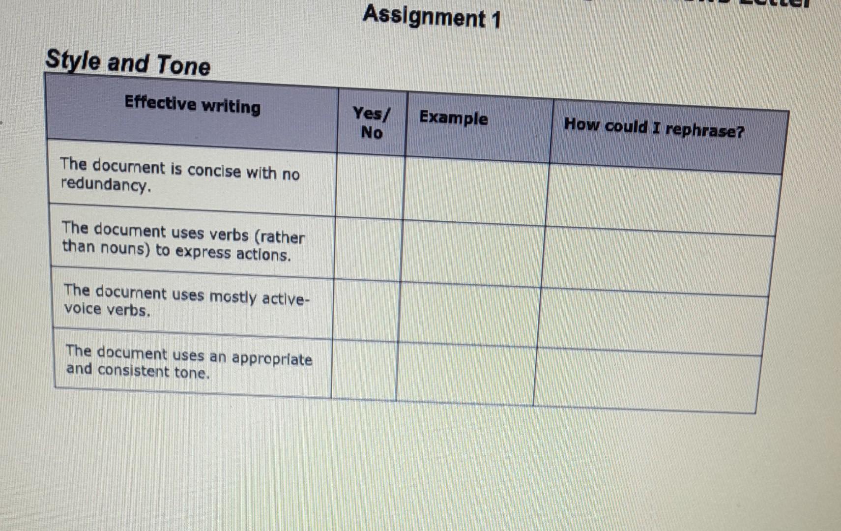 Assignment 1 Style and Tone | Chegg.com