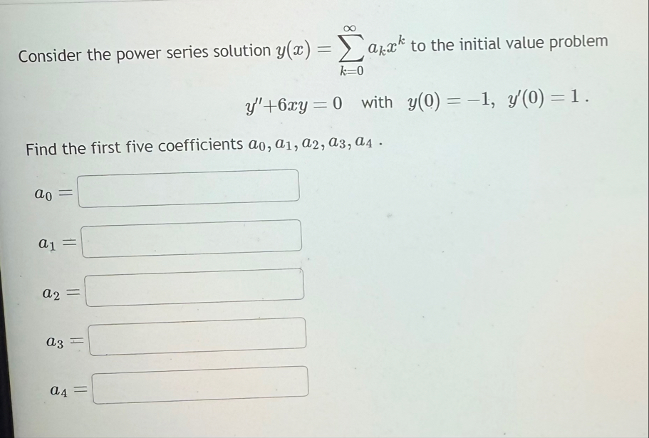 Solved Consider the power series solution y(x)=∑k=0∞akxk ﻿to | Chegg.com