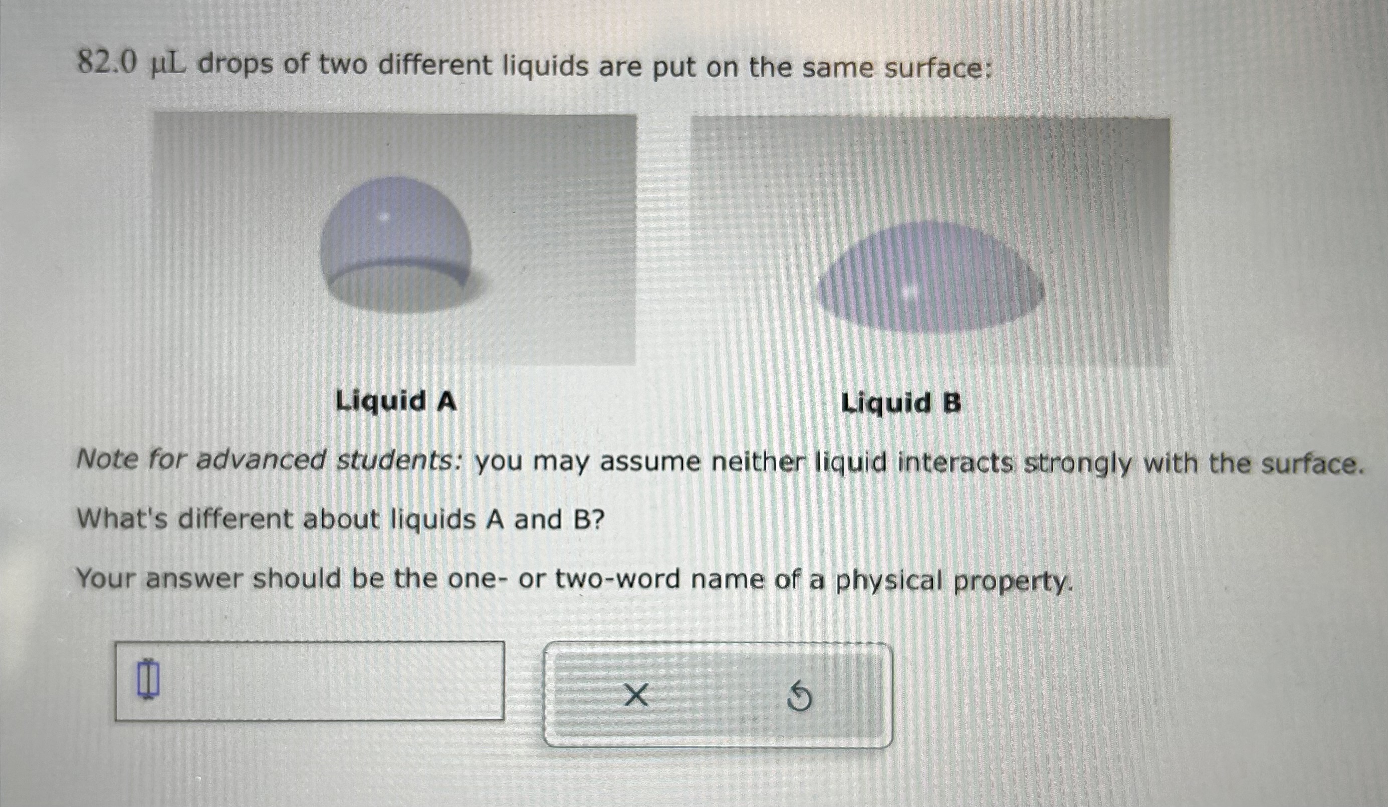 Solved 82.0 μL ﻿drops of two different liquids are put on | Chegg.com