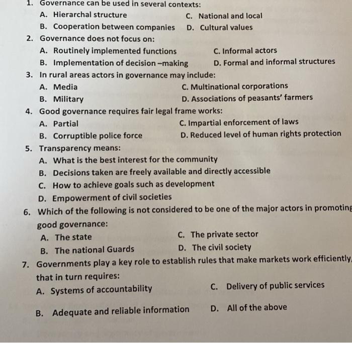 Solved 1. Governance can be used in several contexts: A. | Chegg.com