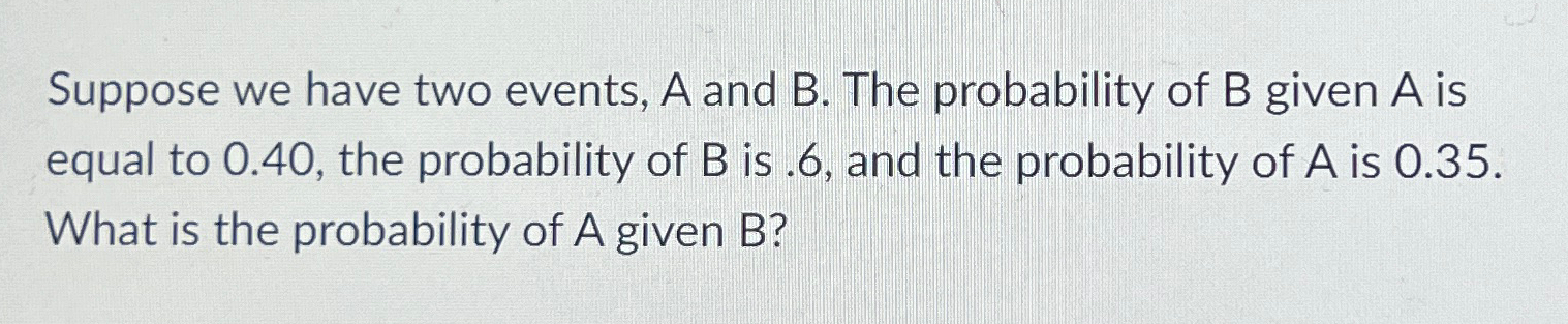 Solved Suppose we have two events, A and B. ﻿The probability | Chegg.com