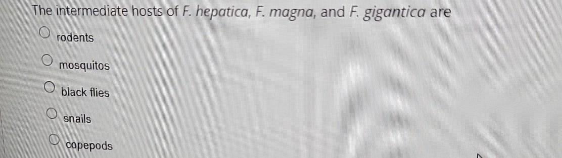 Solved The intermediate hosts of F. ﻿hepatica, F. ﻿magna, | Chegg.com