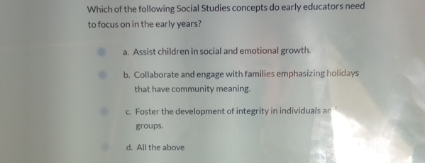 Solved Which of the following Social Studies concepts do | Chegg.com