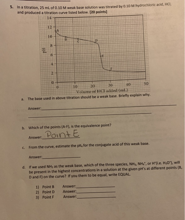 Solved 5. In a titration in a titration, 25 mL of 0.10 M | Chegg.com