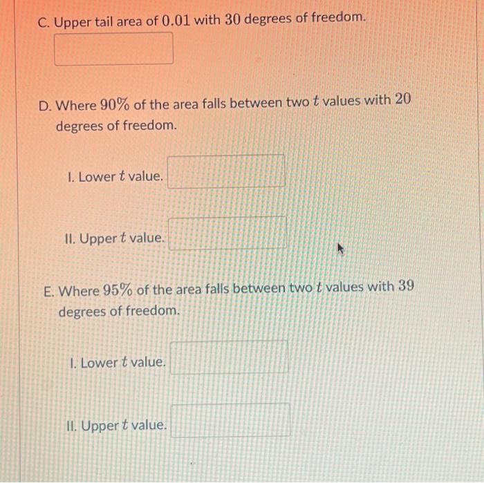 Solved Find the t value(s) for each of the following. A. | Chegg.com
