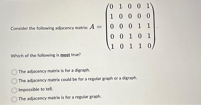 Solved Consider the following adjacency matrix: | Chegg.com