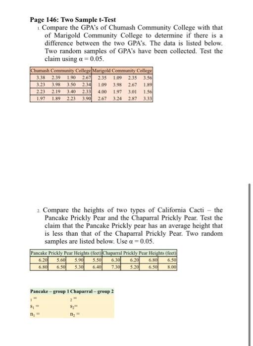 Solved Page 146: Two Sample t-Test Compare the GPA's of | Chegg.com