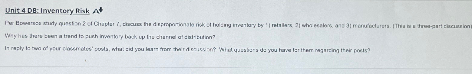 Solved Unit 4 ﻿DB: Inventory Risk APer Bowersox study | Chegg.com