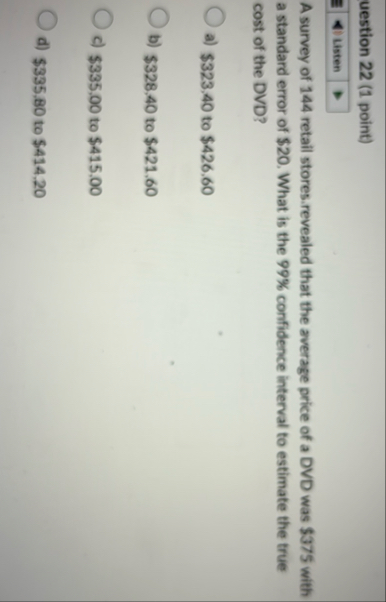 Solved uestion 22 (1 ﻿point)A survey of 144 ﻿retail | Chegg.com