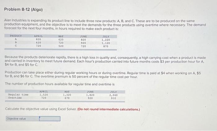 Solved Problem 8-12 (Algo) Alan Industries is expanding its | Chegg.com