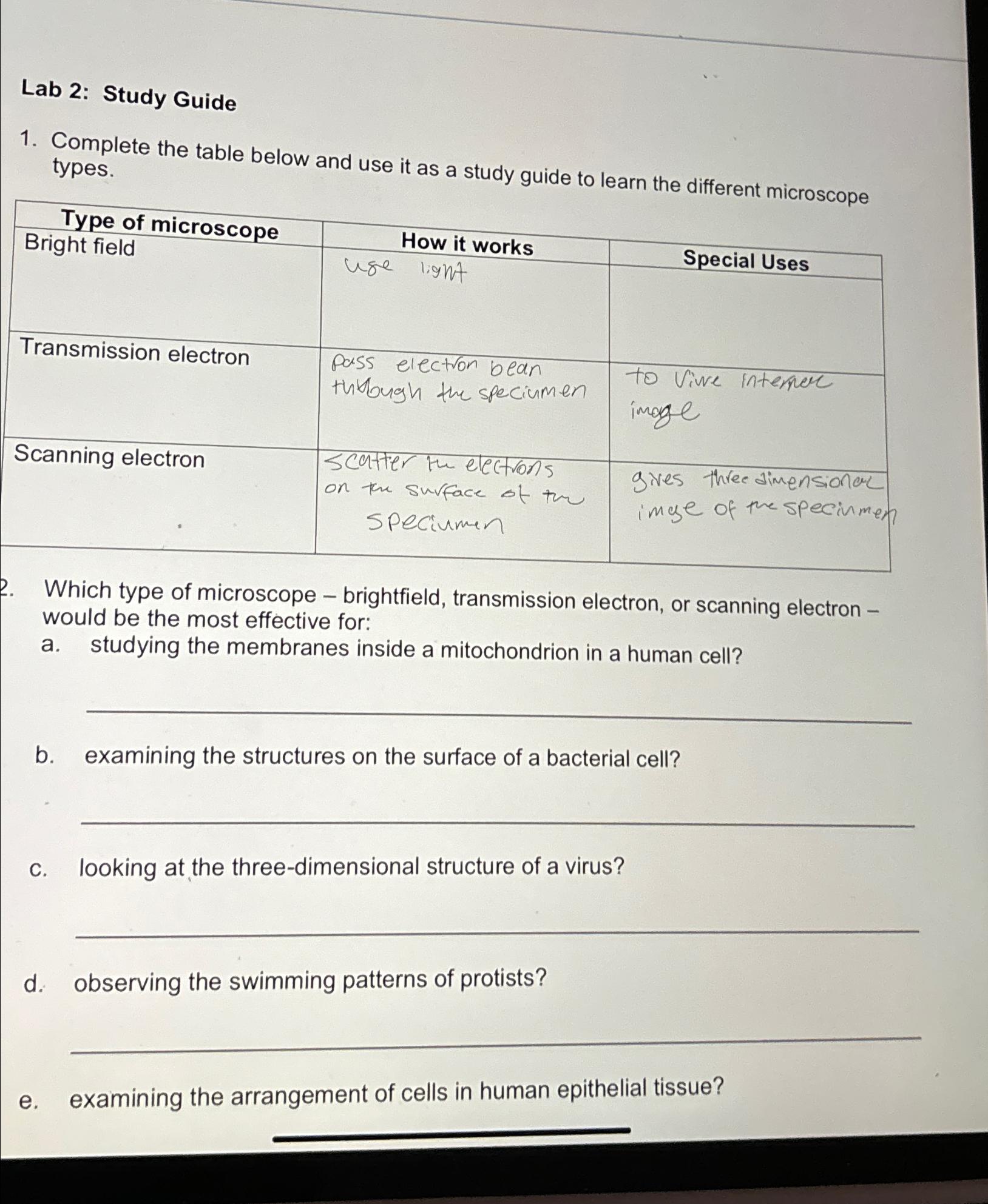 Solved Lab 2: Study GuideComplete the table below and use it | Chegg.com