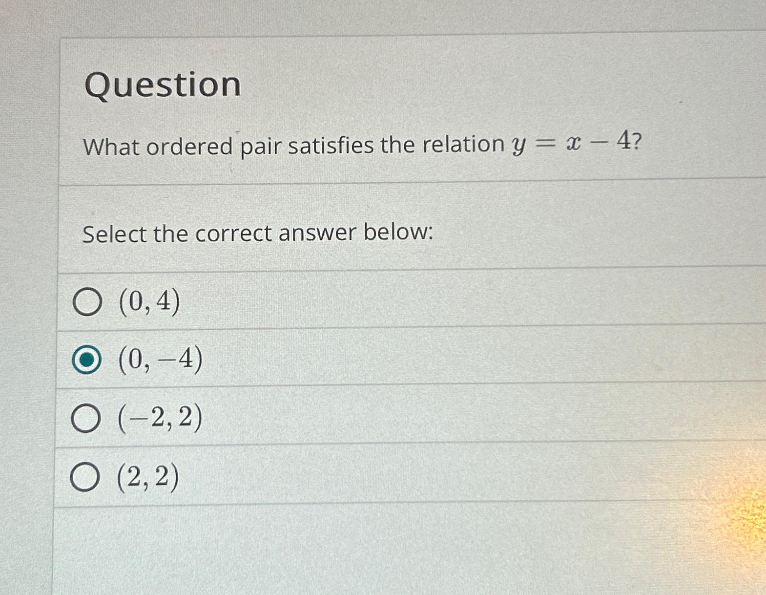 Solved QuestionWhat ordered pair satisfies the relation | Chegg.com