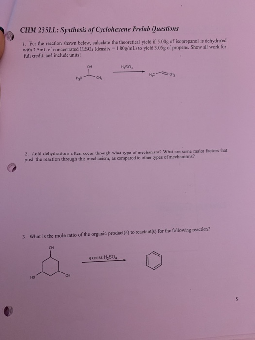 Solved CHM 235LL: Synthesis of Cyclohexene Prelab Questions | Chegg.com