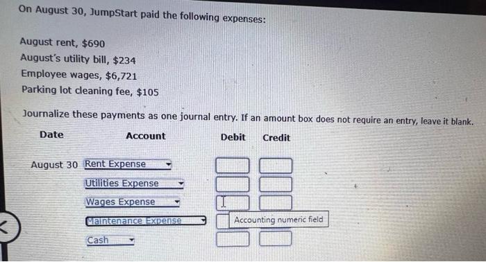 Solved On August 30, JumpStart paid the following expenses: | Chegg.com