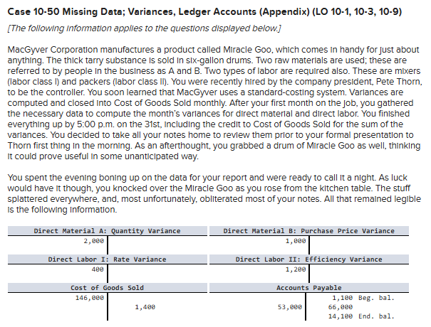 Solved Case 10-50 ﻿Missing Data; Variances, Ledger Accounts | Chegg.com