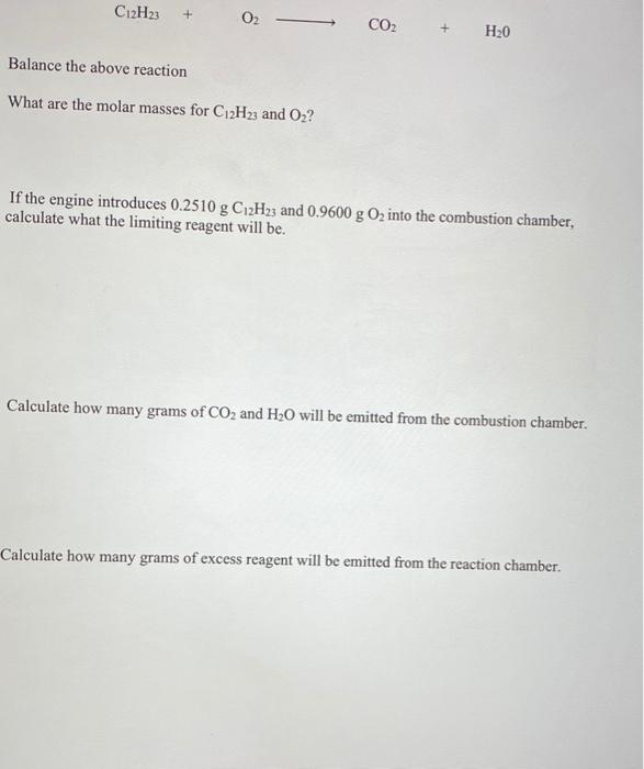Solved C12H23 + O2 CO2 + H20 Balance the above reaction What | Chegg.com