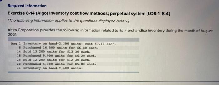 Solved Required information Exercise 8-14 (Algo) Inventory | Chegg.com