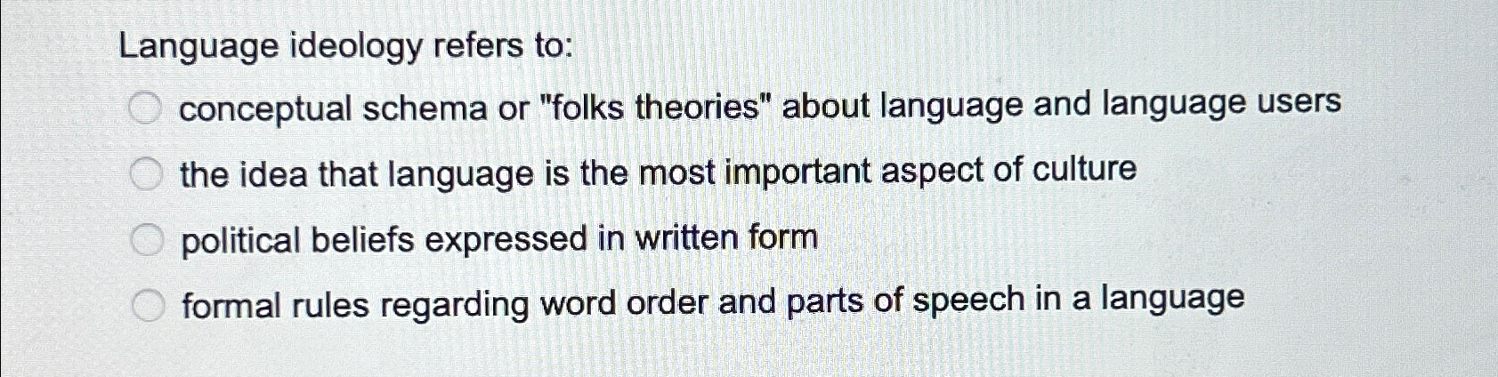 Solved Language ideology refers to:conceptual schema or | Chegg.com