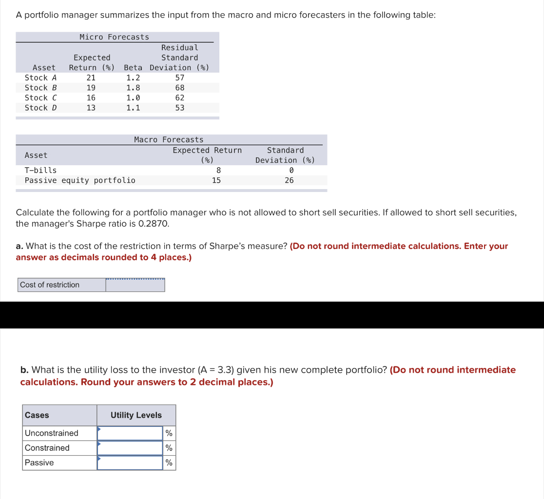 Solved A portfolio manager summarizes the input from the | Chegg.com