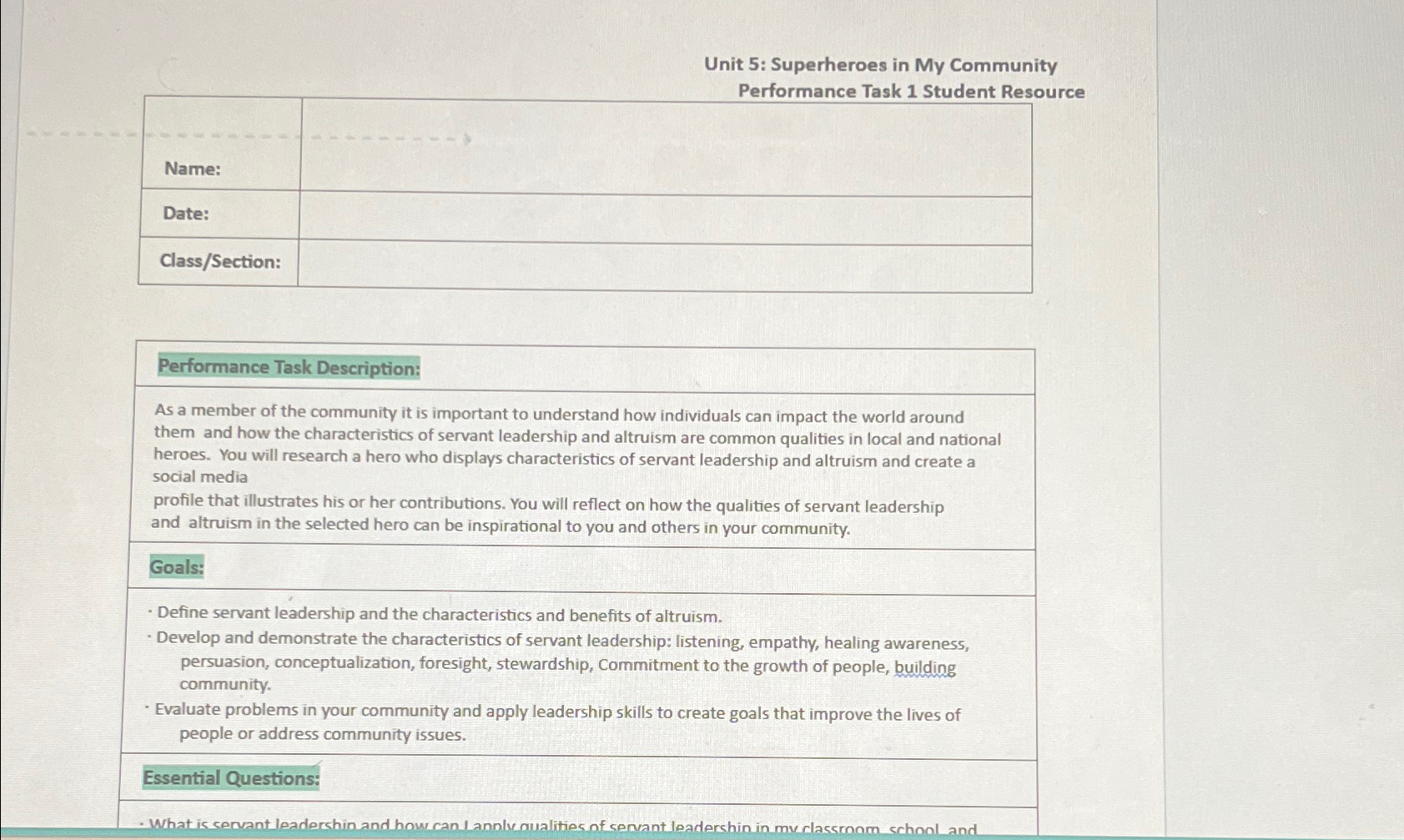 Solved Unit 5: Superheroes in My Community Performance Task | Chegg.com