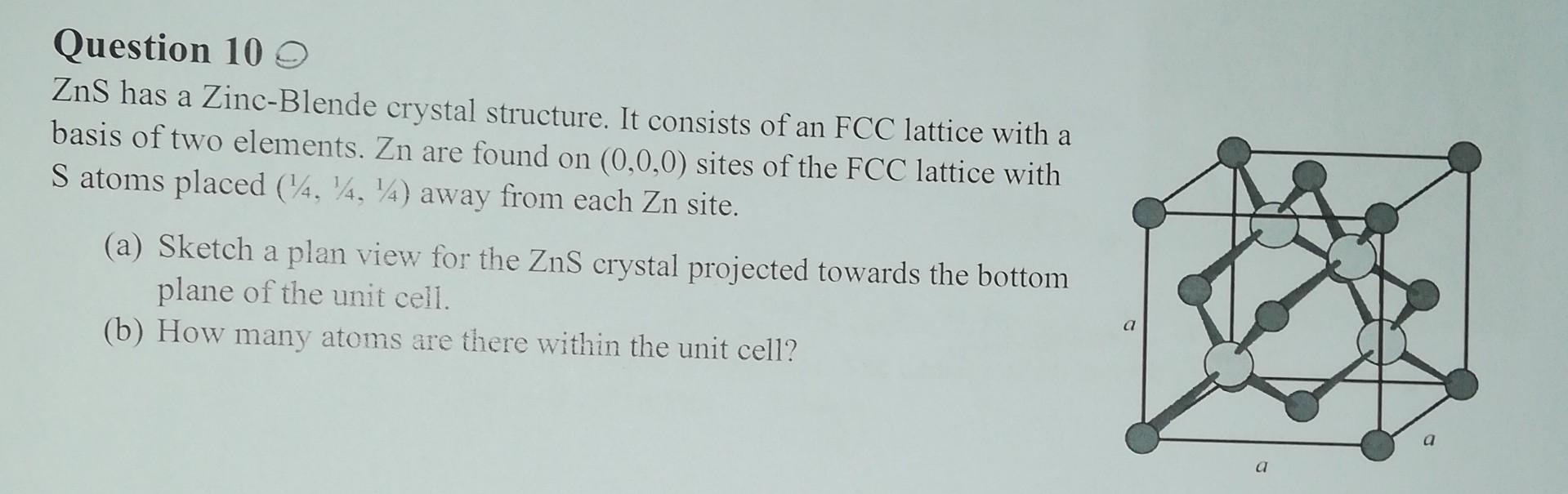 Solved Question 10⊖ ZnS has a Zinc-Blende crystal structure. | Chegg.com