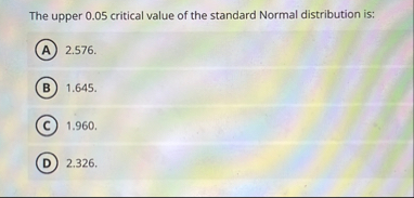 Solved The upper 0.05 ﻿critical value of the standard Normal | Chegg.com