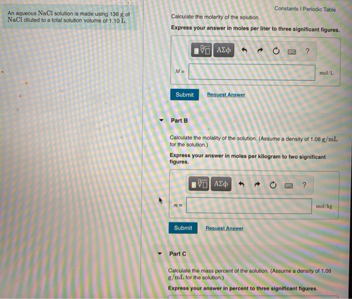Solved An aqueous NaCl solution is made using 136 g of NaCl | Chegg.com