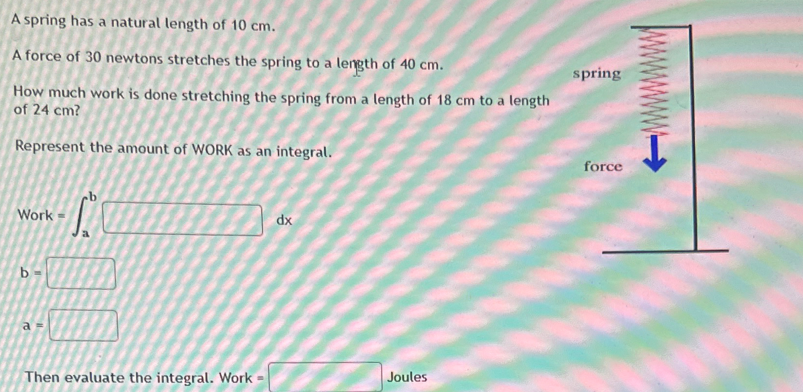 Solved A spring has a natural length of 10cm.A force of 30 | Chegg.com