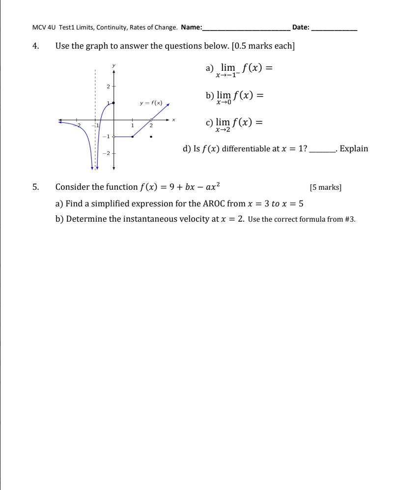 Solved MCV 4U Test1 ﻿Limits, Continuity, Rates of Change. | Chegg.com