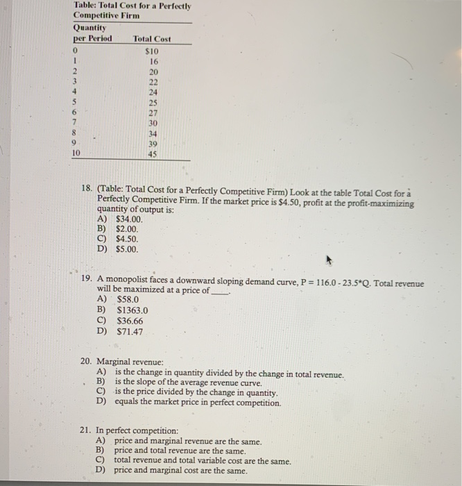 Solved Table: Total Cost for a Perfectly Competitive Firm | Chegg.com