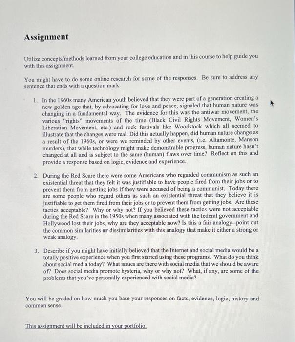 Assignment Utilize concepts/methods learned from your | Chegg.com