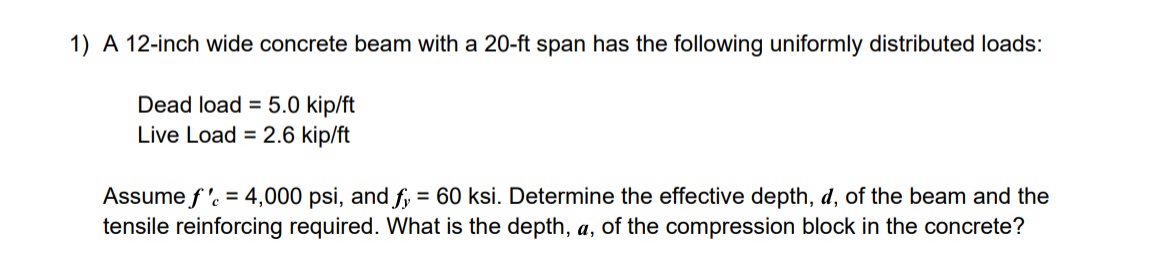Solved A 12-inch wide concrete beam with a 20 -ft span has | Chegg.com