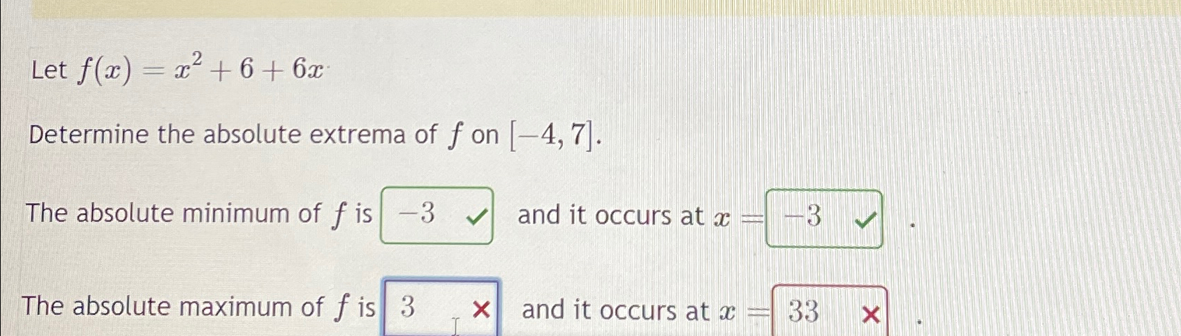 Solved Let f(x)=x2+6+6x.Determine the absolute extrema of f | Chegg.com