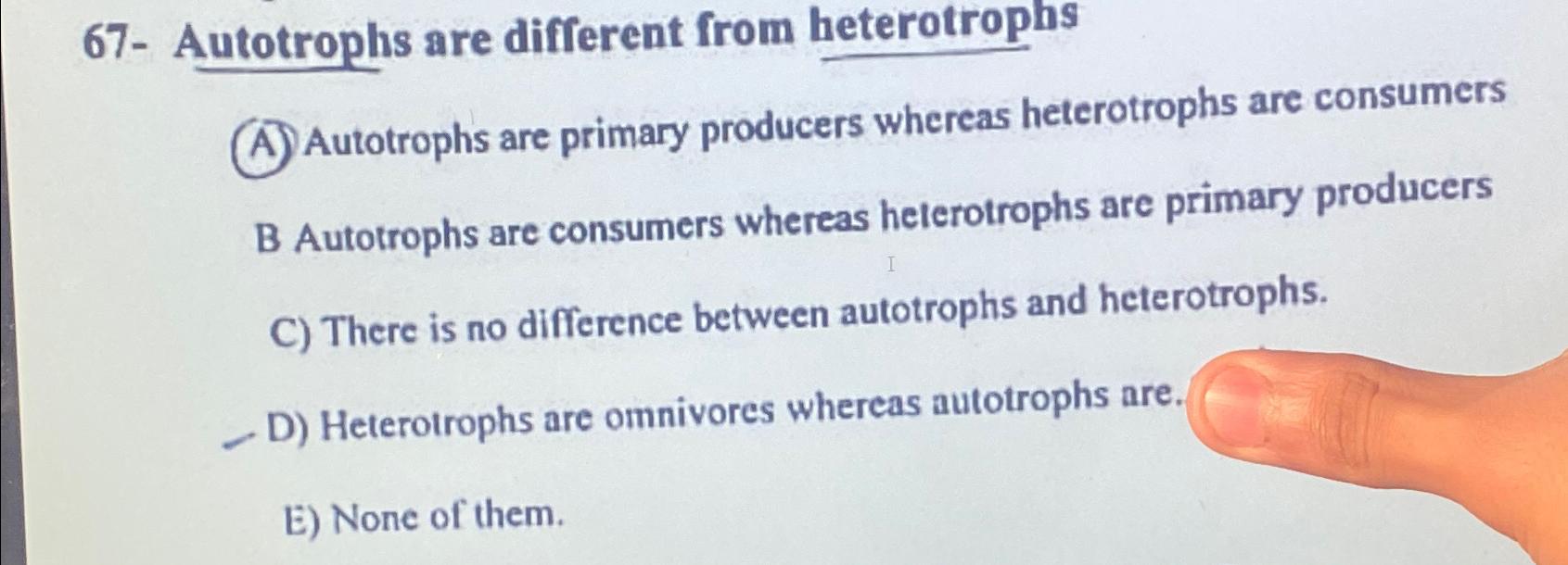 Solved 67- ﻿Autotrophs are different from heterotrophs(A) | Chegg.com