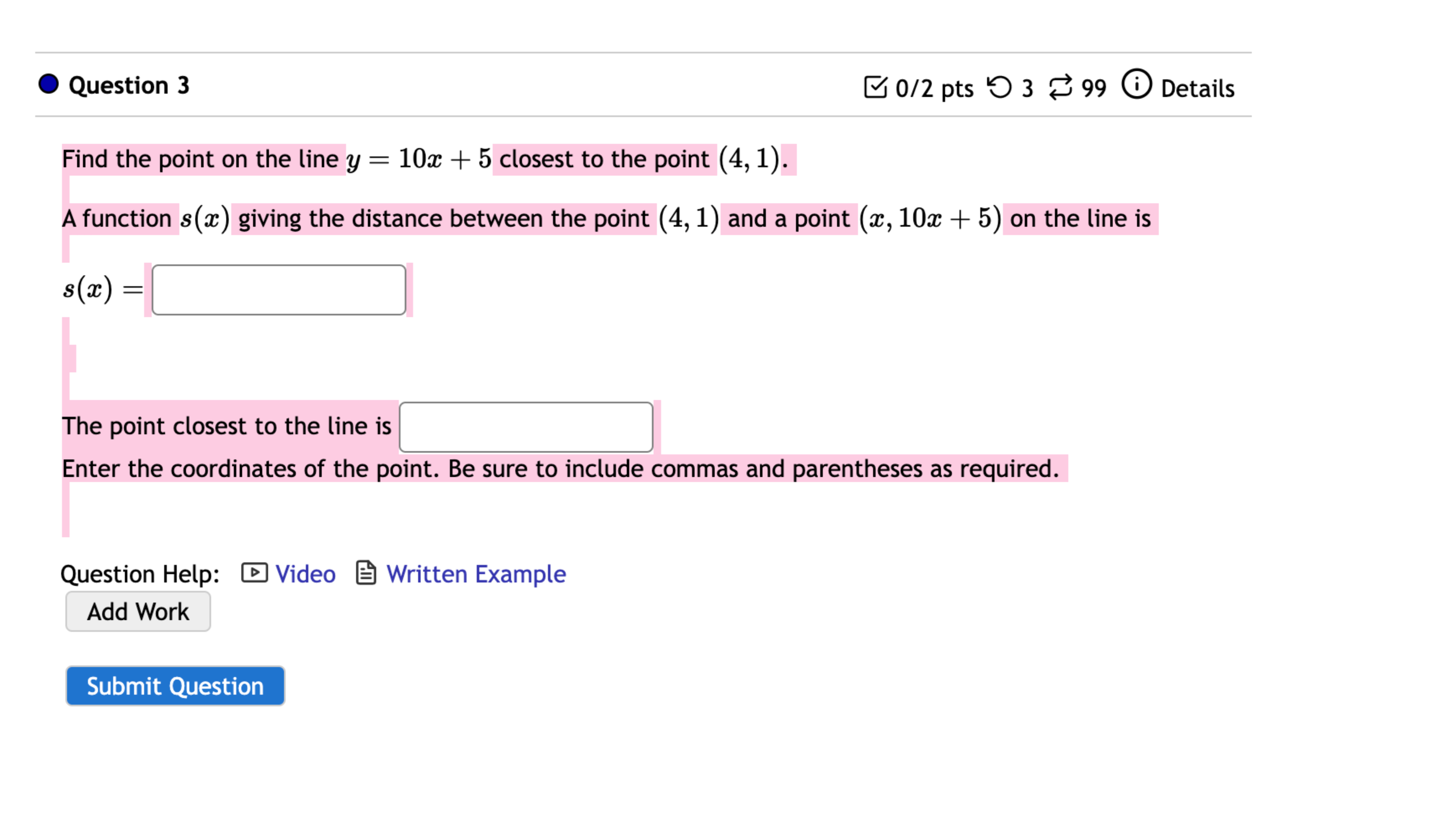 Solved Question 3Find the point on the line y=10x+5 ﻿closest | Chegg.com