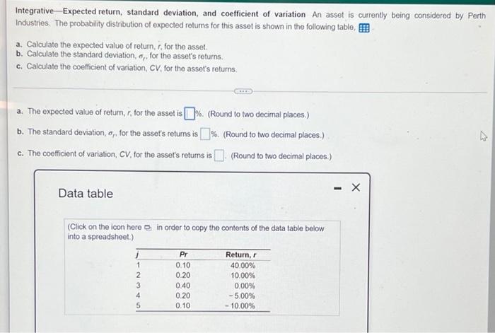 Solved Integrative-Expected return, standard deviation, and | Chegg.com