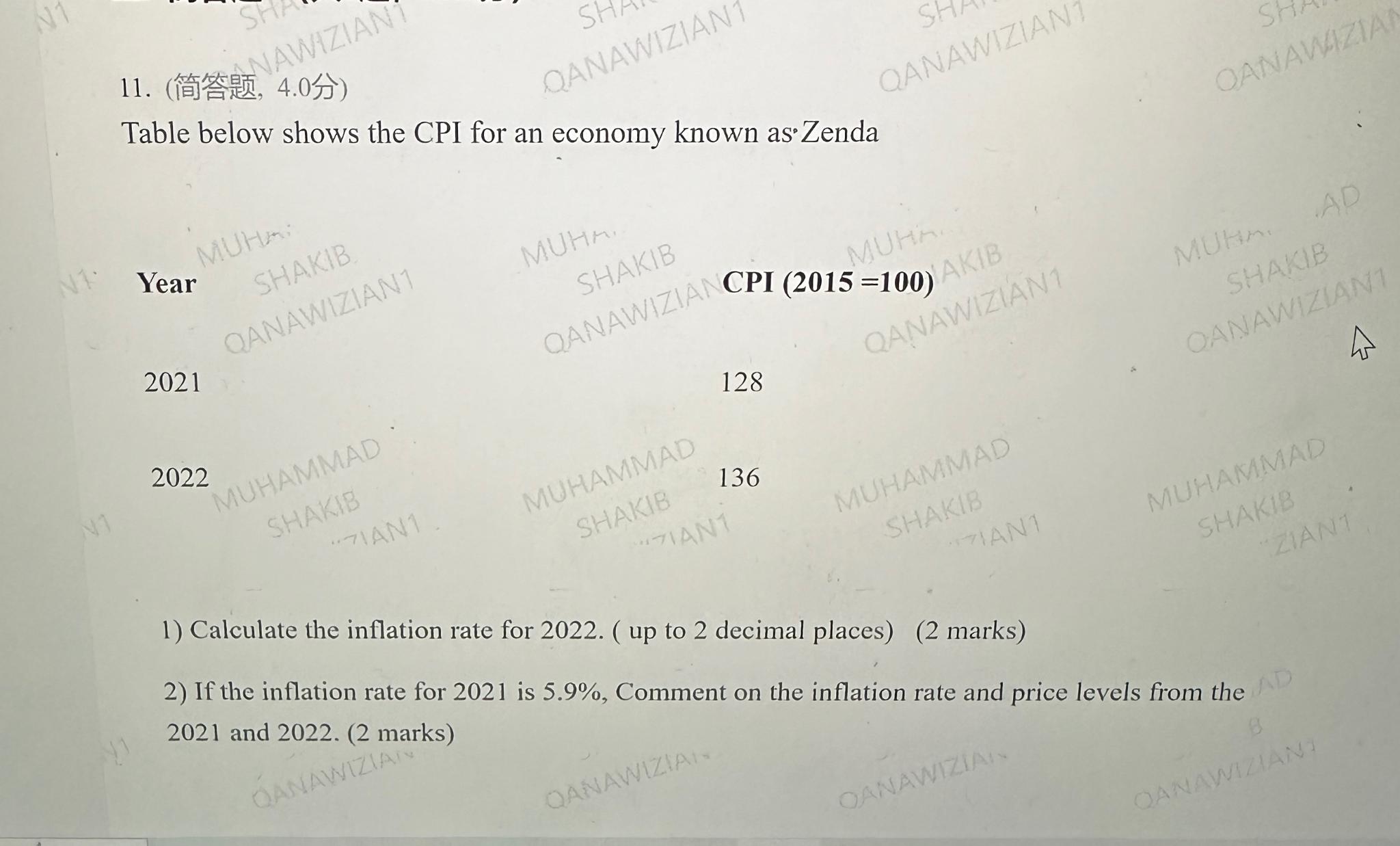 Solved (简答题, 4.0 分)Table below shows the CPI for an economy | Chegg.com