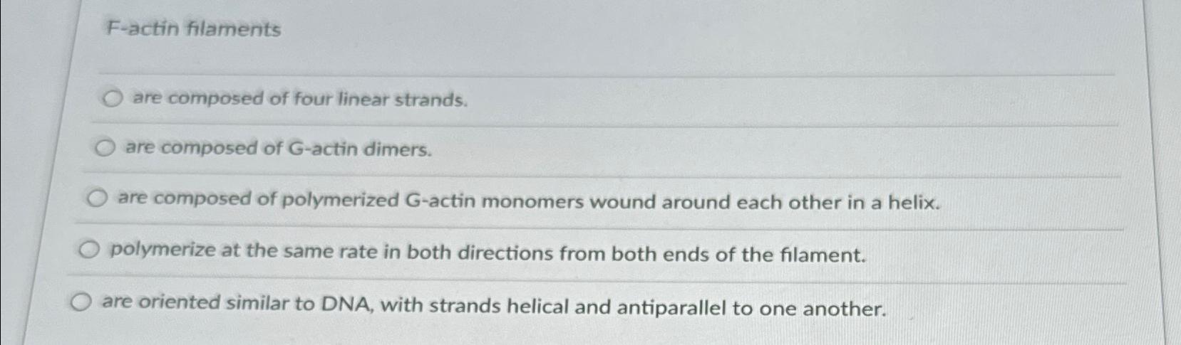 Solved F-actin filamentsA) ﻿Are composed of four linear | Chegg.com
