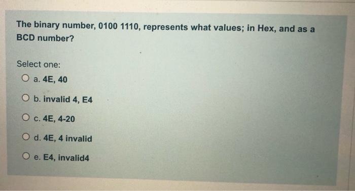 Solved The binary number, 0100 1110, represents what values; | Chegg.com