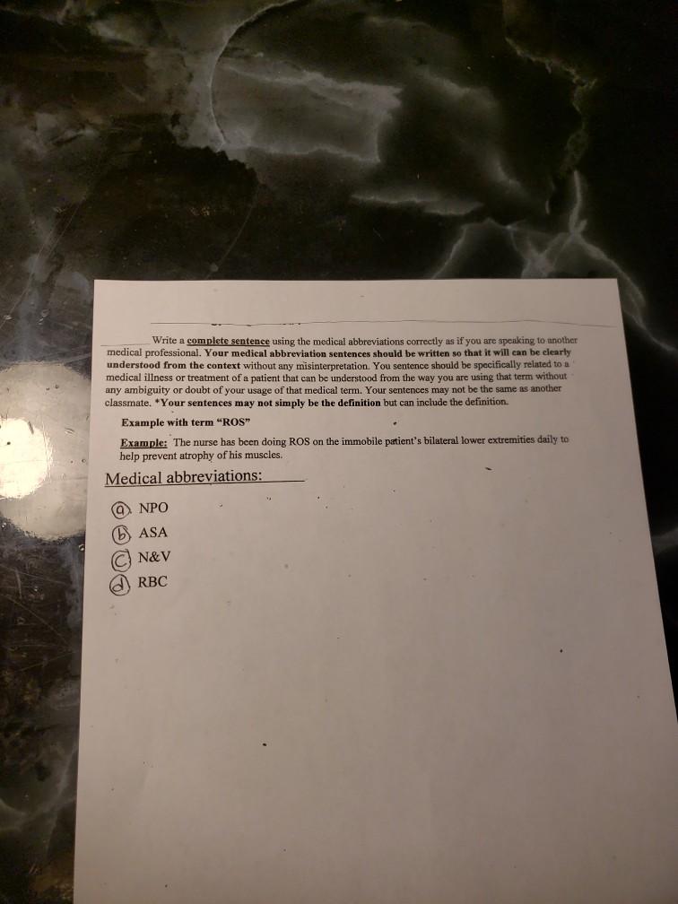 Solved Write a complete sentence using the medical | Chegg.com