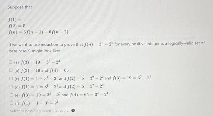 Solved Suppose that f(1)=1f(2)=5f(n)=5f(n−1)−6f(n−2) If we | Chegg.com
