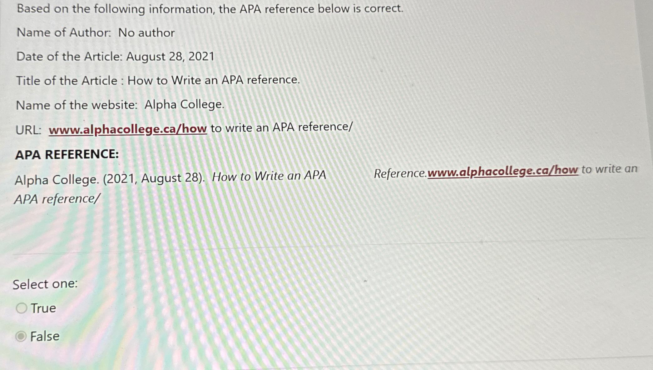 Solved Based on the following information, the APA reference | Chegg.com