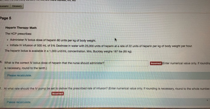 Solved cenario Glossary Page 5 Heparin Therapy: Math The HCP | Chegg.com