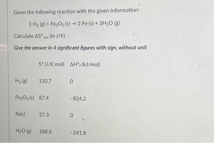 Solved Given the following reaction with the given | Chegg.com
