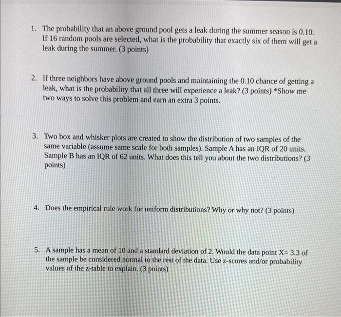 Solved 1. The probability that an above ground pool gets a | Chegg.com