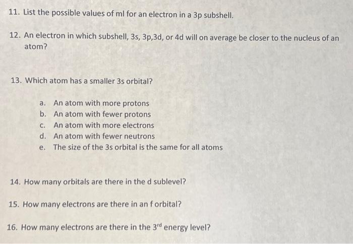 Solved 11. List the possible values of ml for an electron in | Chegg.com