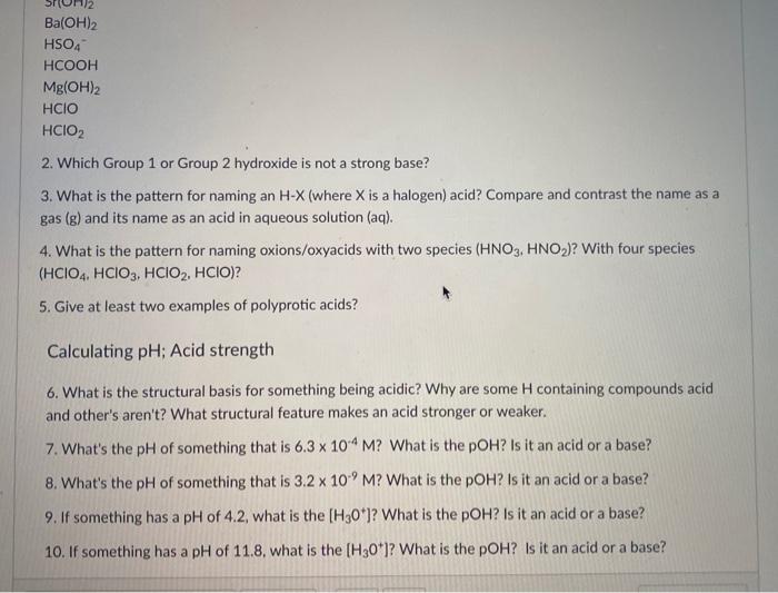 Solved 71 71 Acid/Base Nomenclature; Acid Strength; pH 1. | Chegg.com